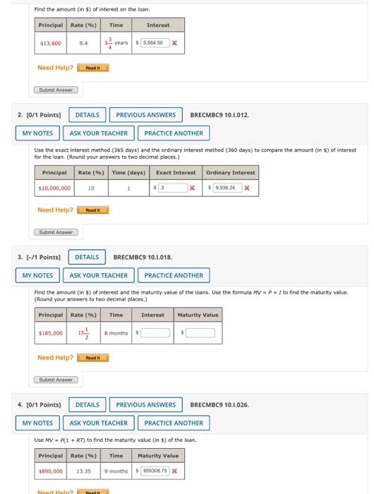Solved Find the amount (in \$) of interest on the ioan. [0/1 | Chegg.com