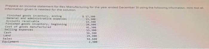 Solved Prepare on Income statement for Rex Manufacturing for | Chegg.com