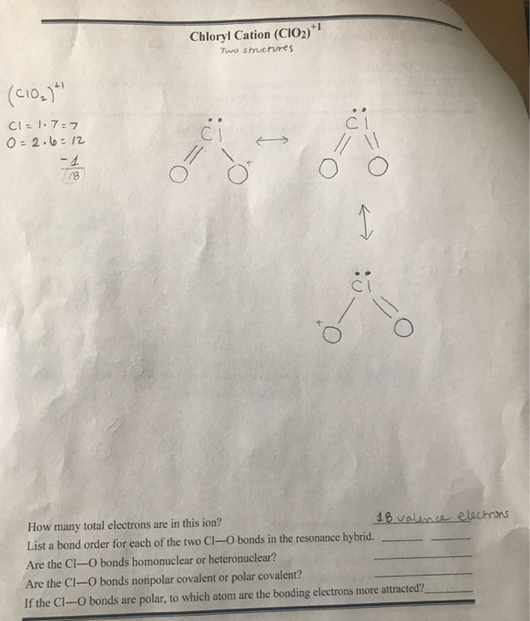 Solved Chloryl Cation (CIO2) Two smuctures (C10₂) CI=1.7=7 0 | Chegg.com