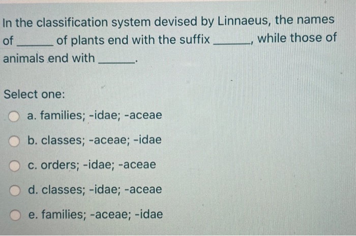Solved In the classification system devised by Linnaeus, the | Chegg.com