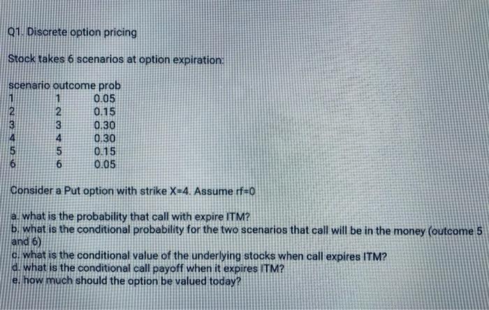 Solved 01. Discrete option pricing Stock takes 6 scenarios | Chegg.com