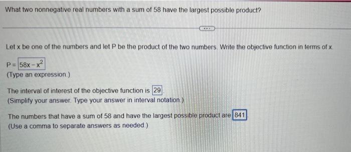 Solved What two nonnegative real numbers with a sum of 58 | Chegg.com