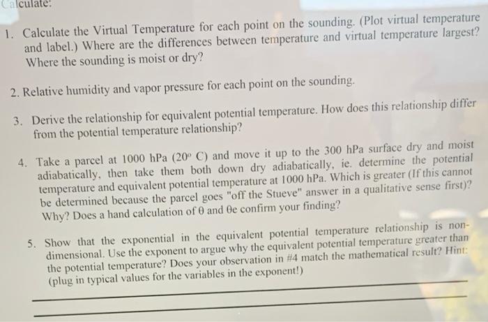 Calculate: 1. Calculate the Virtual Temperature for | Chegg.com