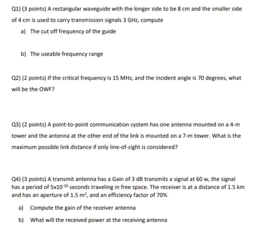 Solved Q1) (3 points) A rectangular waveguide with the | Chegg.com