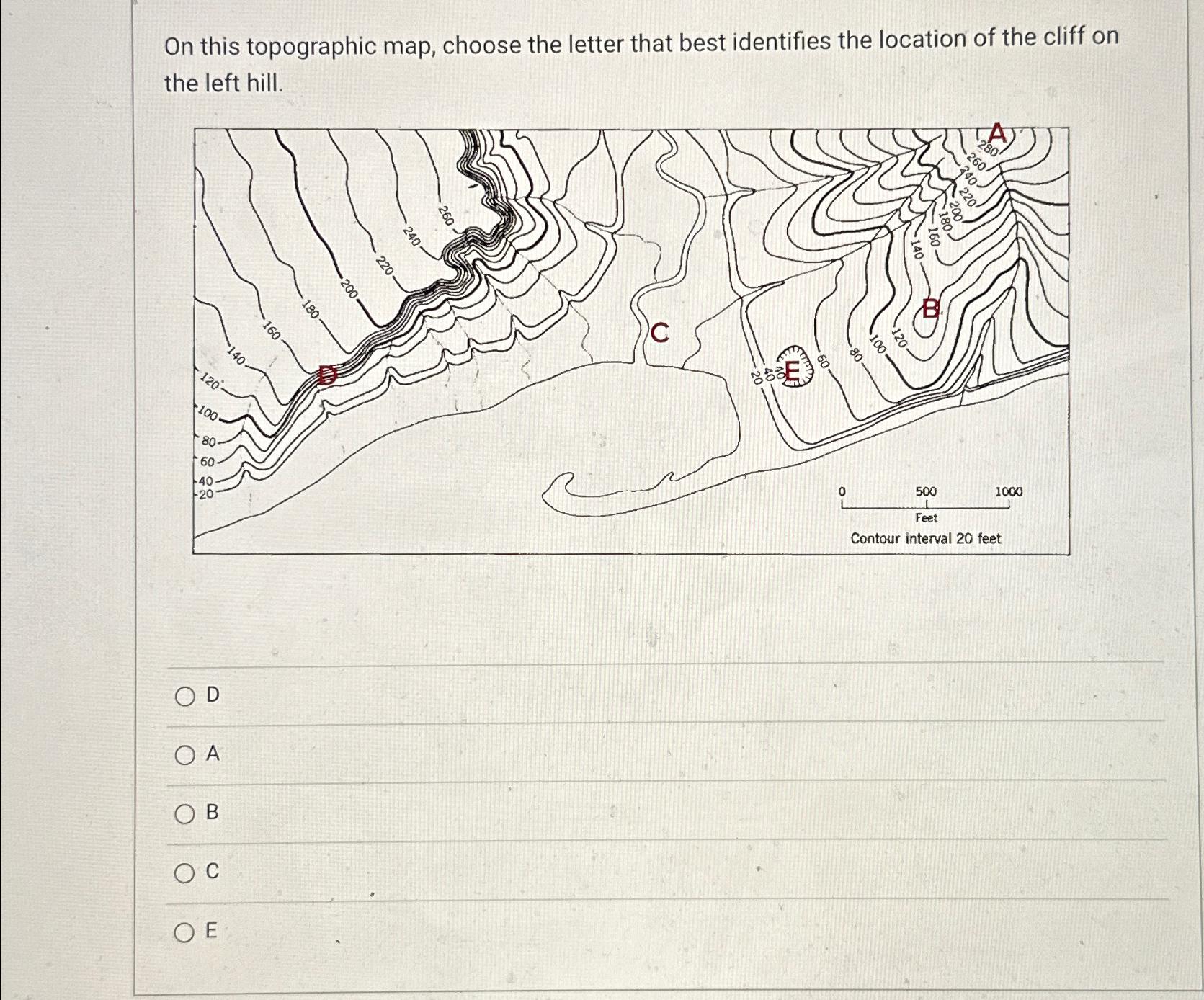 Solved On this topographic map, choose the letter that best | Chegg.com