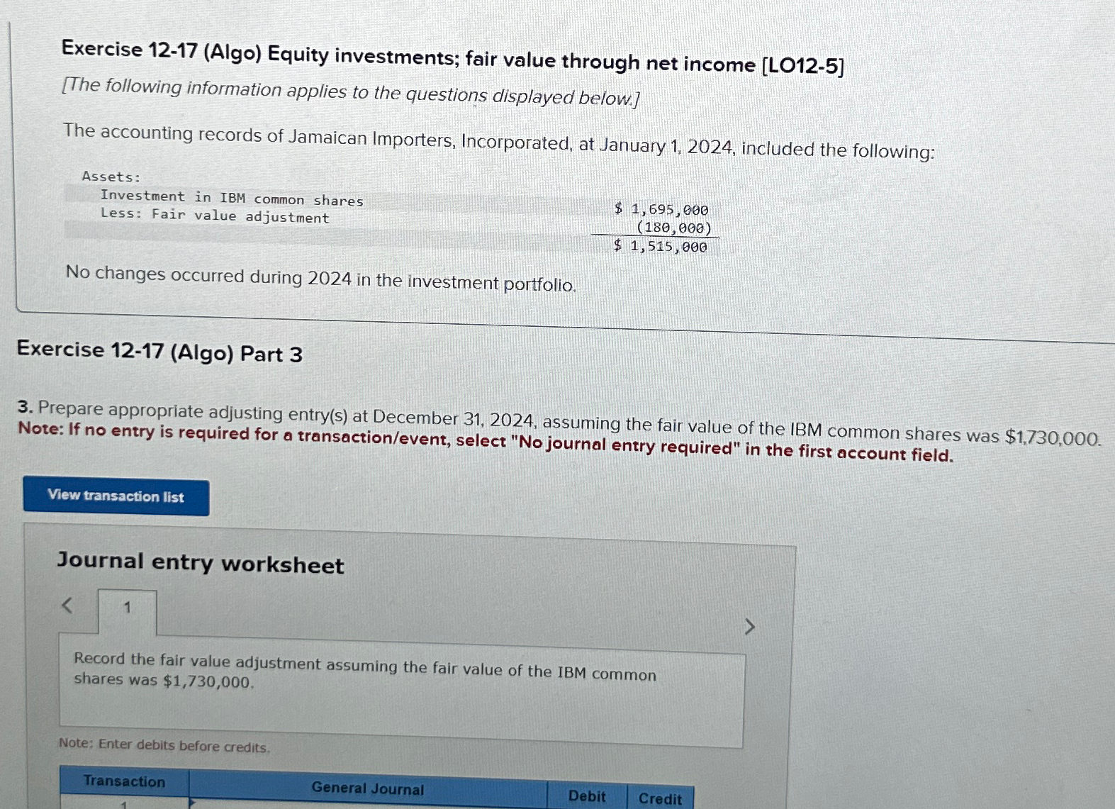 Solved Exercise 12-17 (Algo) ﻿Equity investments; fair value | Chegg.com