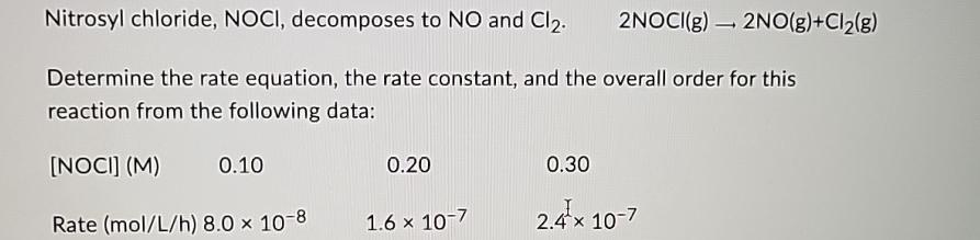 Solved Nitrosyl chloride, NOCl, decomposes to NO and | Chegg.com Solved Nitrosyl chloride, NOCl, decomposes to NO and | Chegg.com