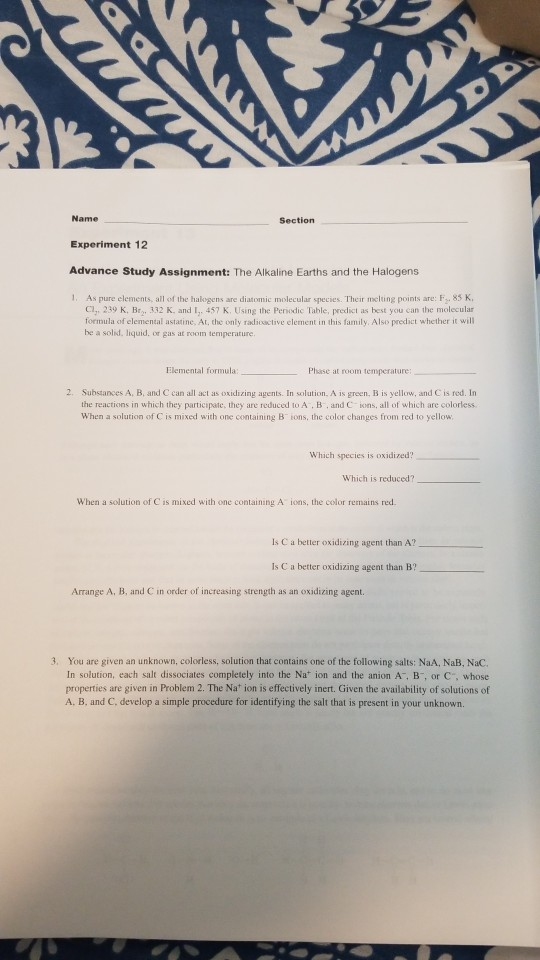 Solved Name Section Experiment 12 Advance Study Assignment: | Chegg.com