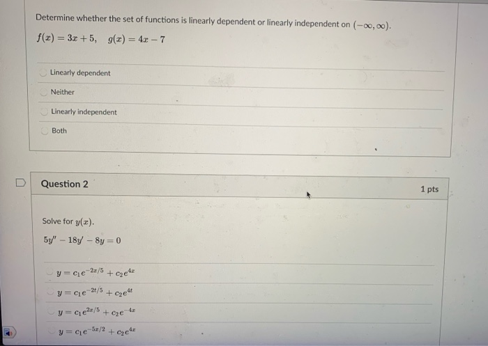 Solved Determine whether the set of functions is linearly | Chegg.com