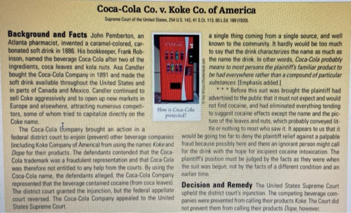 Solved Coca-Cola Co. v. Koke Co. of America Supreme Court of | Chegg.com