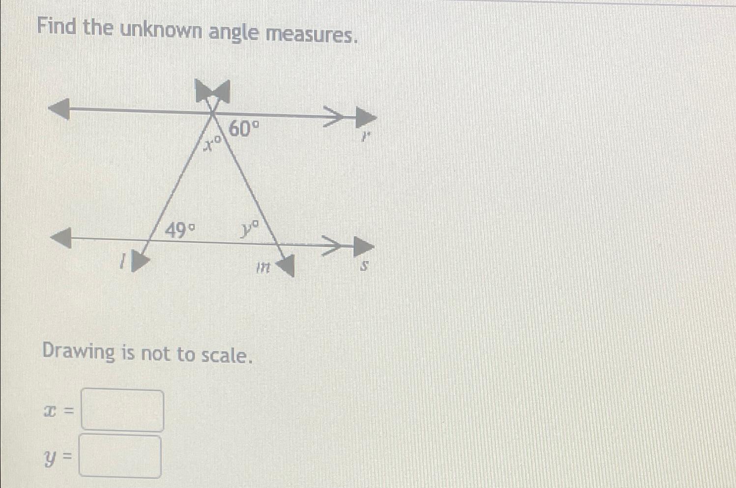 Solved Find the unknown angle measures.Drawing is not to | Chegg.com