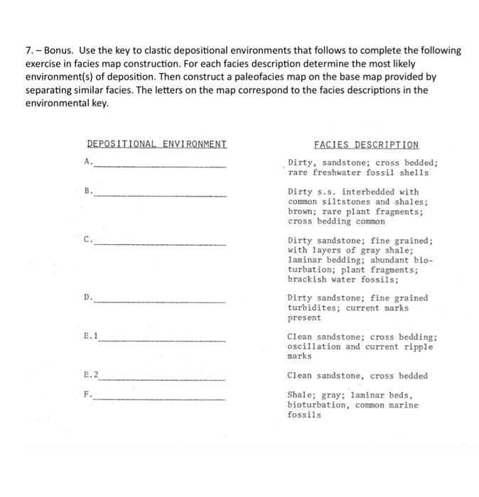 Solved 7. - Bonus. Use the key to clastic depositional | Chegg.com