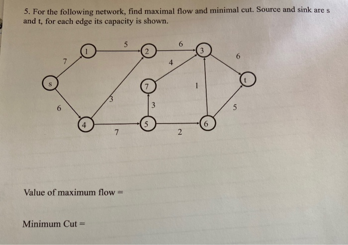 Solved 5. For the following network, find maximal flow and | Chegg.com
