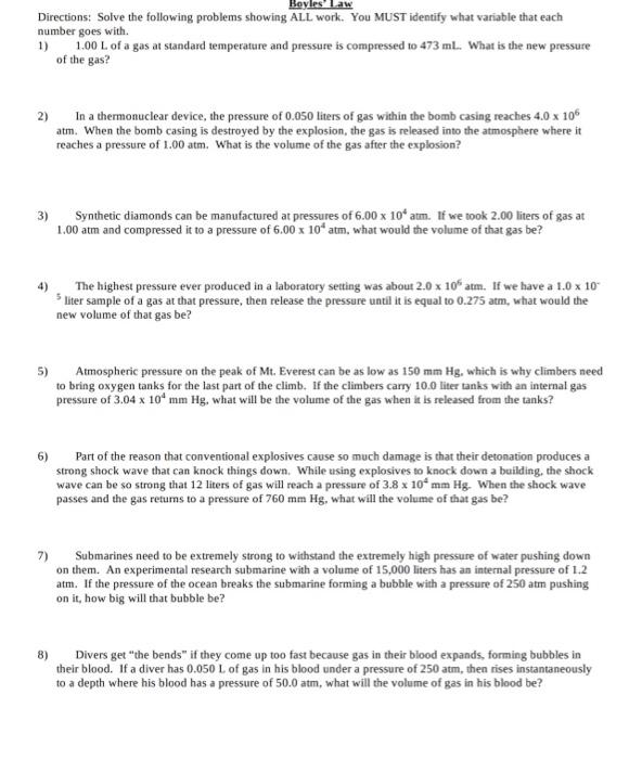 Solved Boyles Law Directions: Solve the following problems | Chegg.com