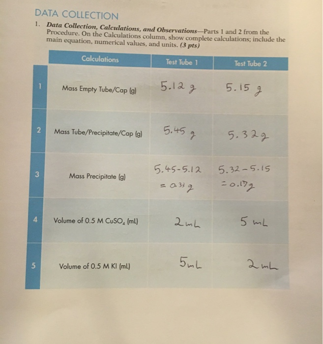 Solved DATA COLLECTION 1. Data Collection, Calculations, and | Chegg.com