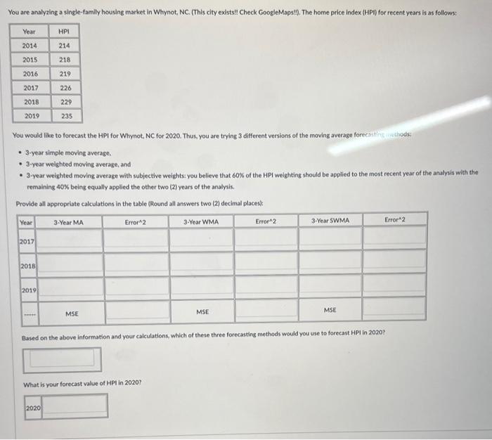 Solved You would like to forecast the HPI for Whynot, NC for | Chegg.com