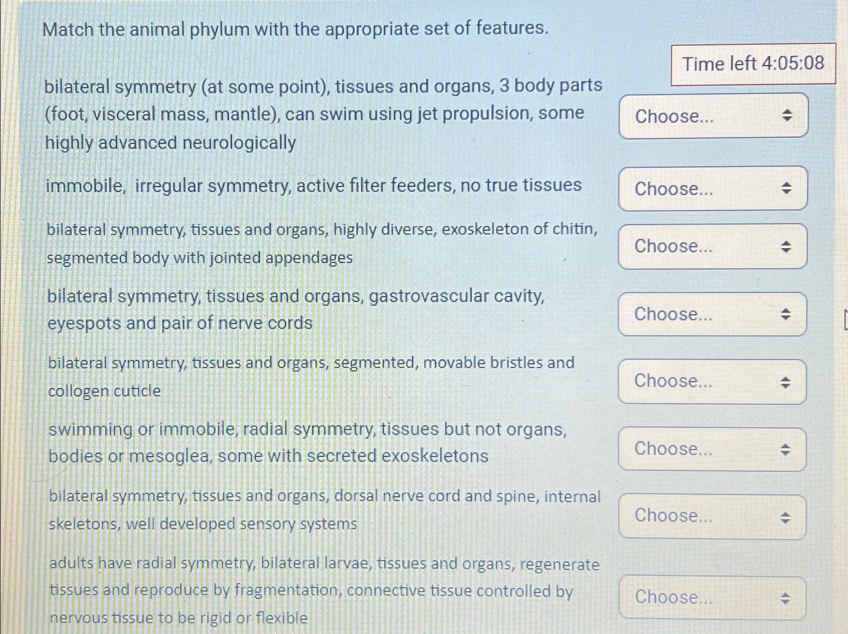 Solved Match the animal phylum with the appropriate set of | Chegg.com
