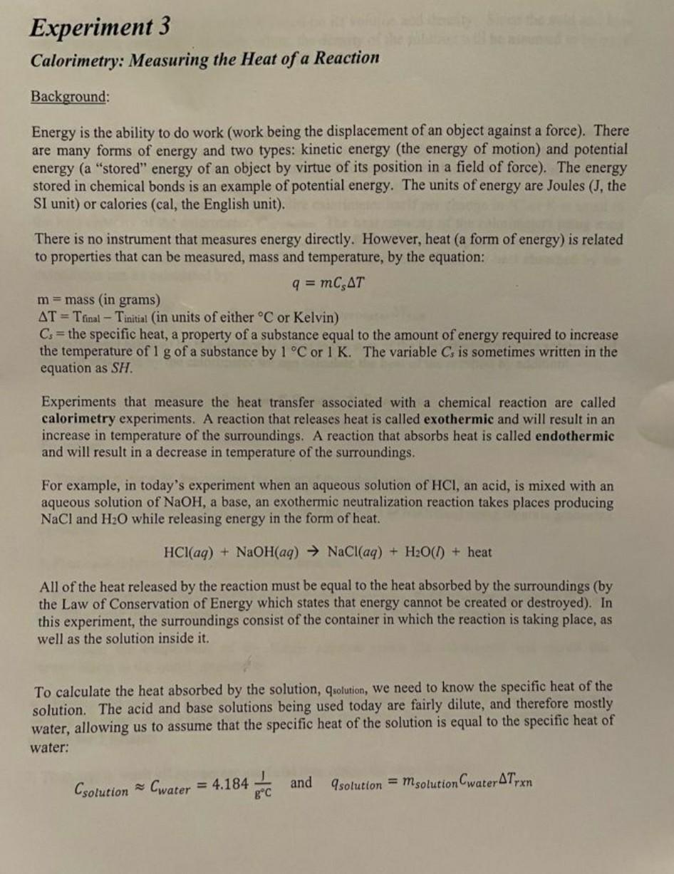 Solved Experiment 3 Calorimetry: Measuring the Heat of a | Chegg.com
