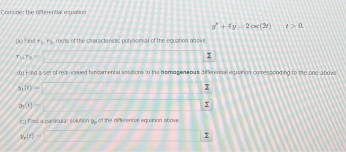 Solved Consider the differential equation y′′+4y=2csc(2t)t>0 | Chegg.com