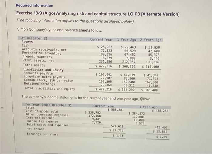 Solved Required information Exercise 13-9 (Algo) Analyzing | Chegg.com