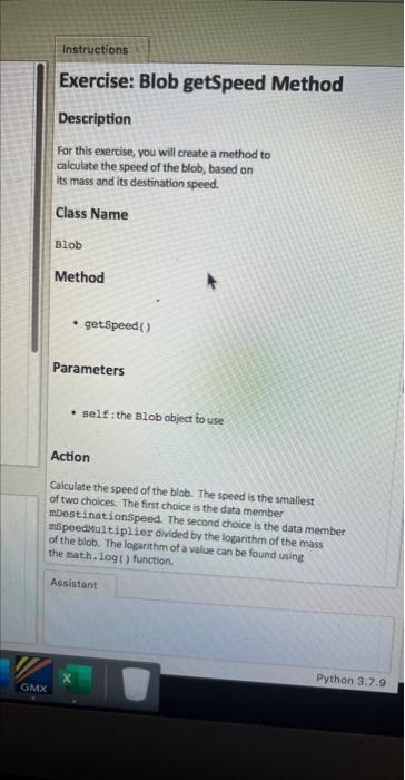 Solved Exercise: Blob getSpeed Method Description For this | Chegg.com