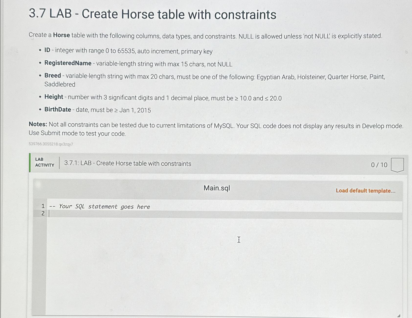 Solved 3.7 ﻿LAB - ﻿Create Horse table with constraintsCreate | Chegg.com