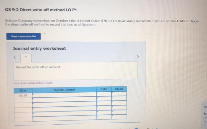 Solved QS 9-2 Direct write-off method LO P1 Solstice Company | Chegg.com