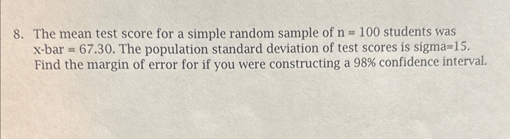 Solved The mean test score for a simple random sample of | Chegg.com