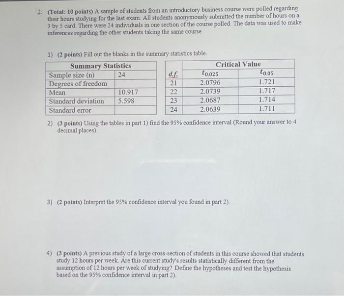 Solved 2. (Total: 10 points) A sample of students from an | Chegg.com