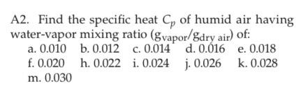 Solved A2. Find the specific heat Cp of humid air having | Chegg.com