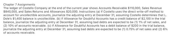 Solved Chapter 7 Assignments The ledger of Costello Company | Chegg.com