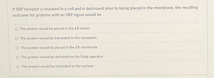 Solved If SRP receptor is mutated in a cell and is destroyed | Chegg.com