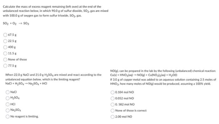 Solved Calculate the mass of excess reagent remaining (left | Chegg.com