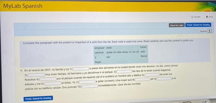 MyLab Spanish Save for and for Grading borisht | Chegg.com