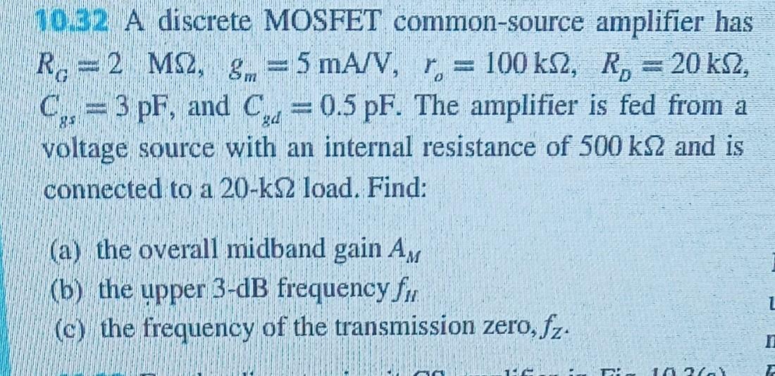Solved 10.32 A discrete MOSFET common-source amplifier has | Chegg.com