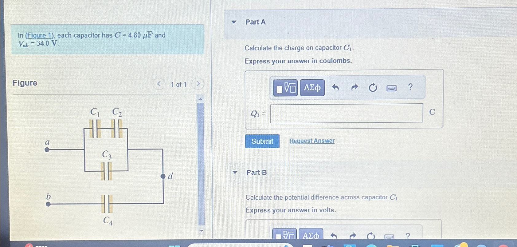 Solved Part AIn (Figure 1), ﻿each capacitor has C=4.80μF | Chegg.com