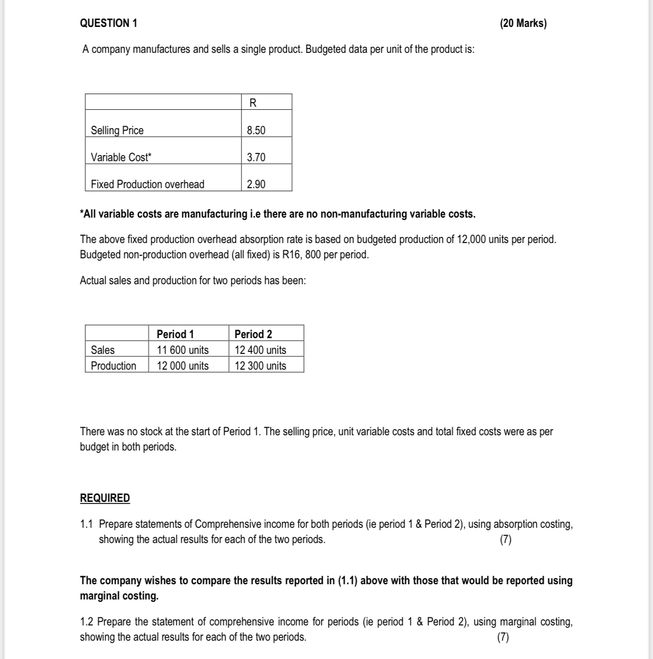 Solved QUESTION 1(20 Marks)A company manufactures and sells | Chegg.com Solved QUESTION 1(20 Marks)A company manufactures and sells | Chegg.com