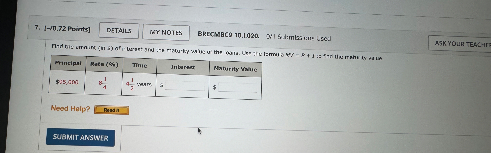 Solved [-/0.72 ﻿Points]BRECMBC9 10.I.020. 0/1 ﻿Submissions | Chegg.com
