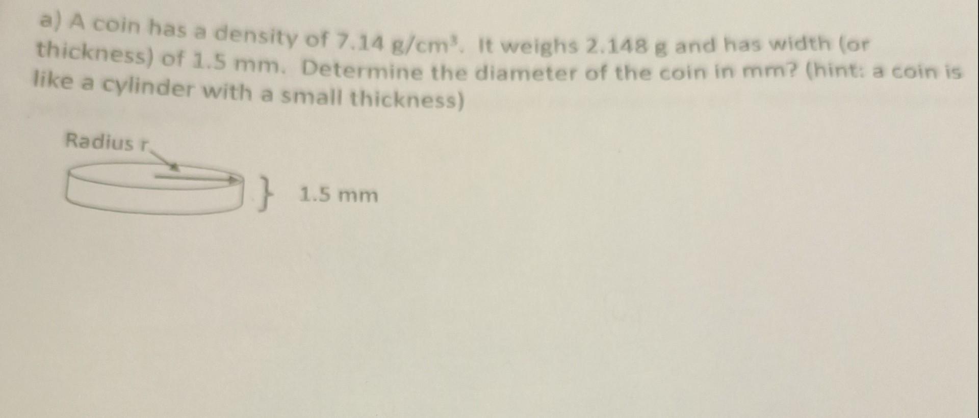 Solved a) A coin has a density of 7.14 g/cm3. It weighs | Chegg.com