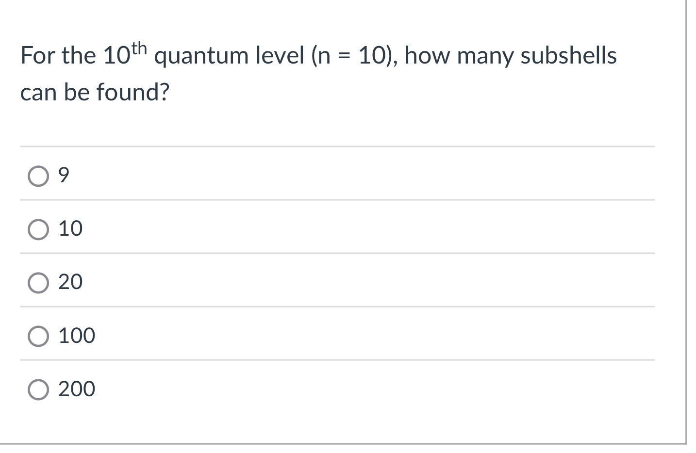 Solved For the 10th ﻿quantum level ), ﻿how many subshells | Chegg.com
