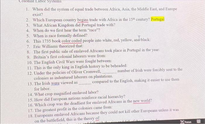 Colonial Labor Systems 1. When did the system of | Chegg.com