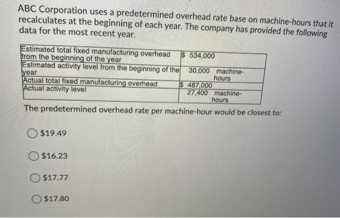 Solved ABC Corporation uses a predetermined overhead rate | Chegg.com Solved ABC Corporation uses a predetermined overhead rate | Chegg.com