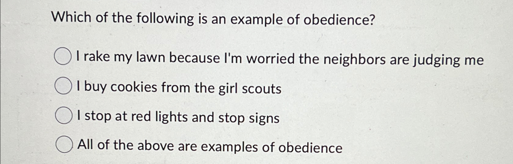Solved Which of the following is an example of obedience?I | Chegg.com