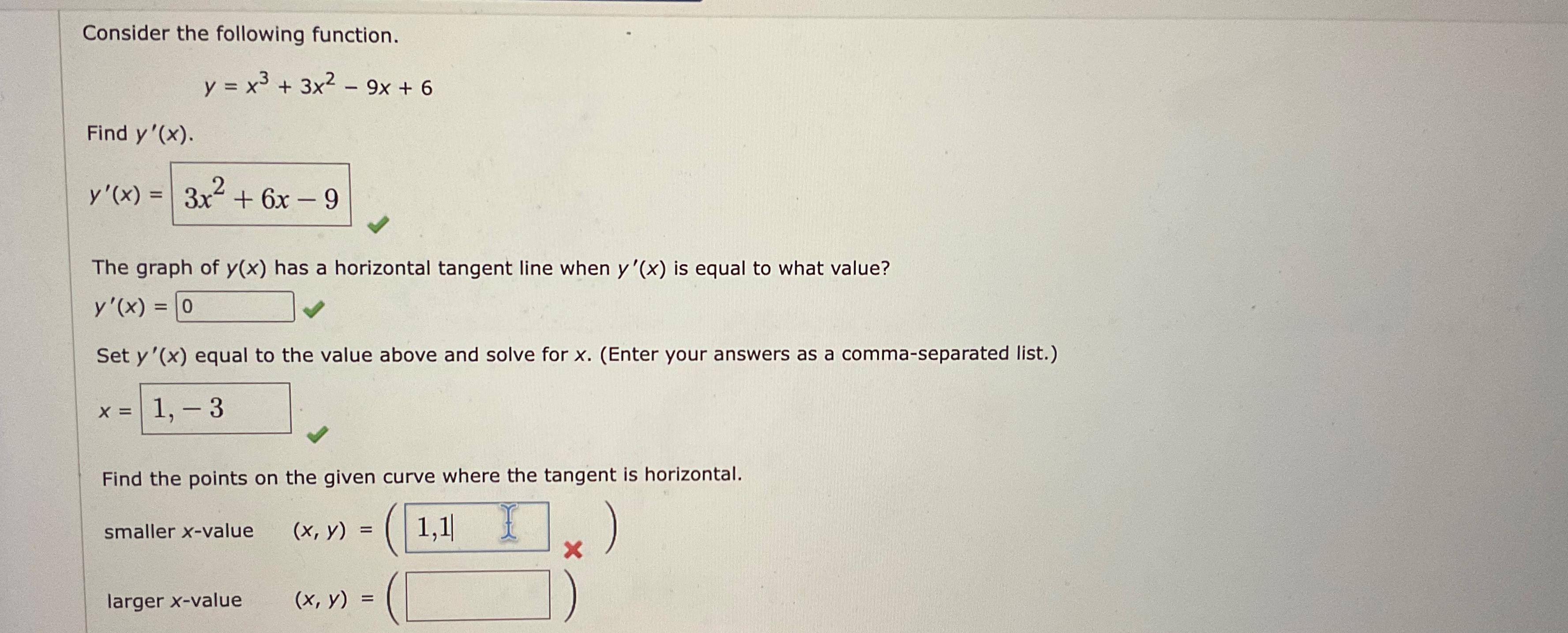 Solved Consider The Following Function Y X3 3x2 9x 6find
