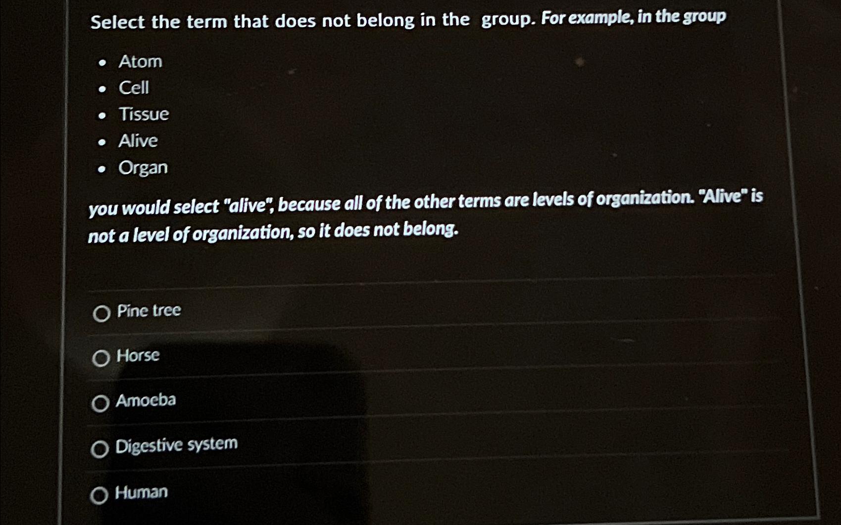 Solved Select the term that does not belong in the group. | Chegg.com