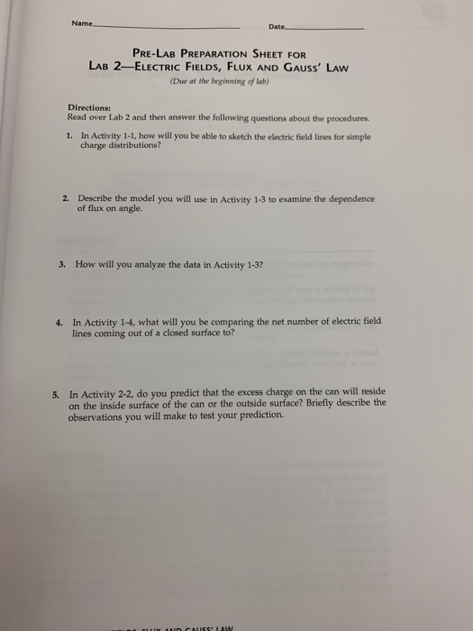 Name. Date PRE-LAB PREPARATION SHEET FOR LAB | Chegg.com