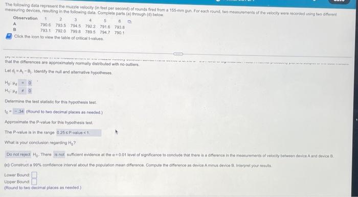 Solved The folowing data represent the muzzie velocity (in | Chegg.com