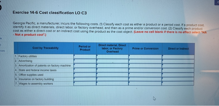 Solved Exercise 14-5 Classifying manufacturing costs LO C3 | Chegg.com Solved Exercise 14-5 Classifying manufacturing costs LO C3 | Chegg.com