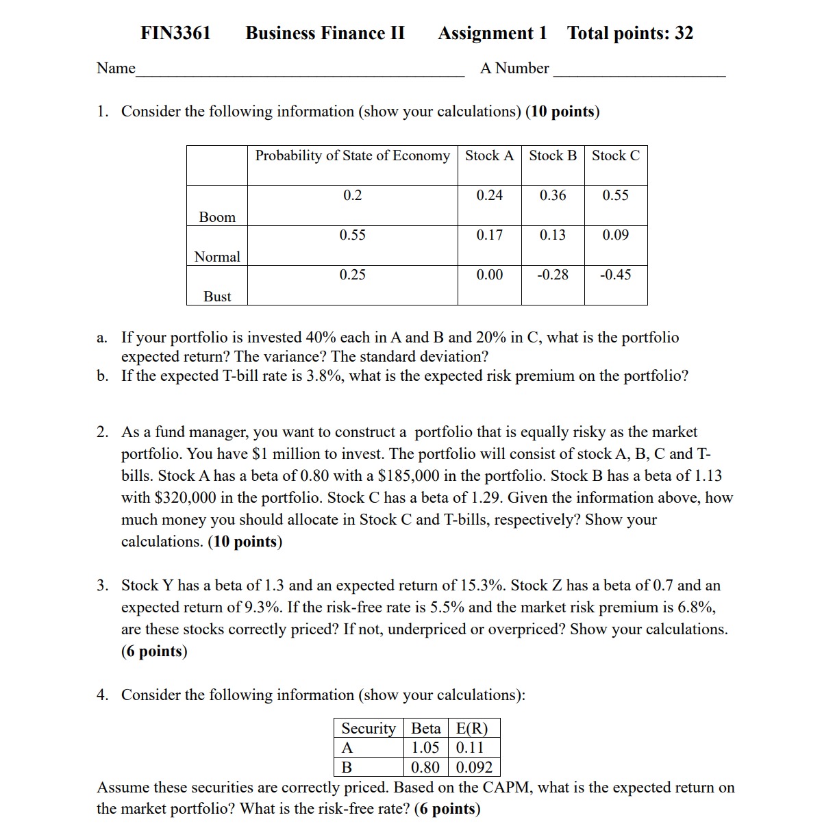 Solved FIN3361 ﻿Business Finance II Assignment 1 ﻿Total | Chegg.com