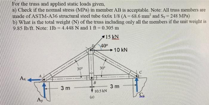 Solved For the truss and applied static loads given, a) | Chegg.com